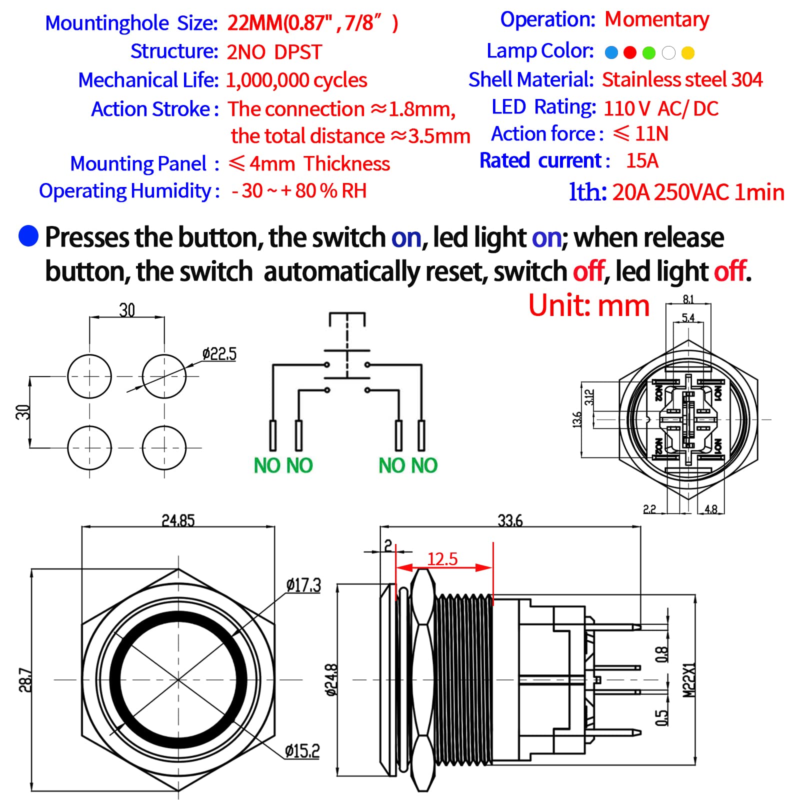 Snapklik.com : UL Listed 20Amp Yellow Momentary Push Button Switch IP67 ...