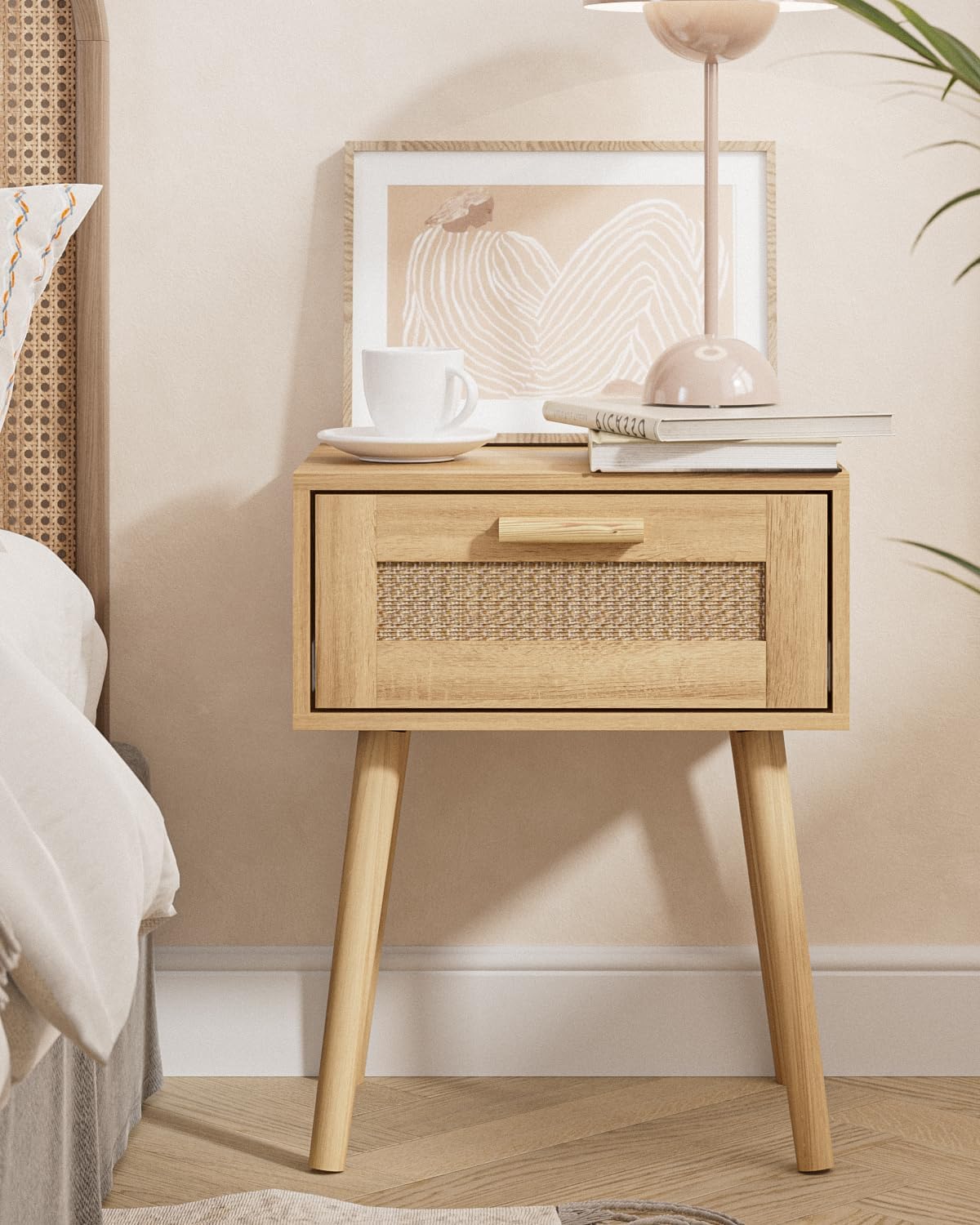 Bedside Table Set of 2 - Nature Oak Finish Nightstand Cabinet with 1 ...