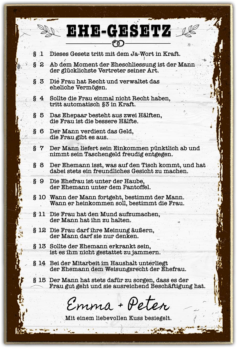 Amazon.de: schilderkreis24 - Personalisiertes "Ehe Gesetz" Holzschild ...