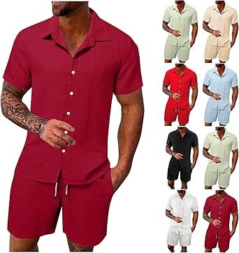 Amazon.com: Generic Men Cotton Linen Sets Outfits 2 Piece Summer Causal ...