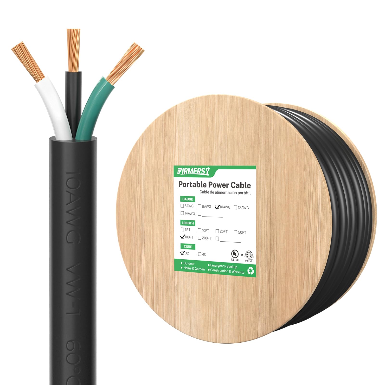 Snapklik.com : 10 Gauge 3 Conductor Power Cable Spool SJTW 300V Pure ...