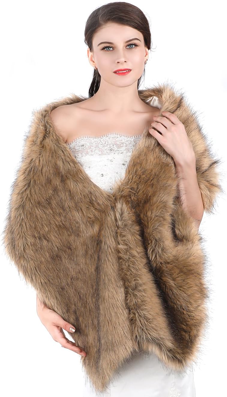 Aukmla Women's Large 1920 Brown Faux Fur Shawl Bride Wedding Fur Wraps ...