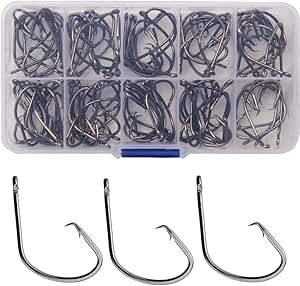 Amazon.com : 50pcs Offset in Line Fishing Hooks High Carbon Steel Fishing Hooks Circle Hooks ...