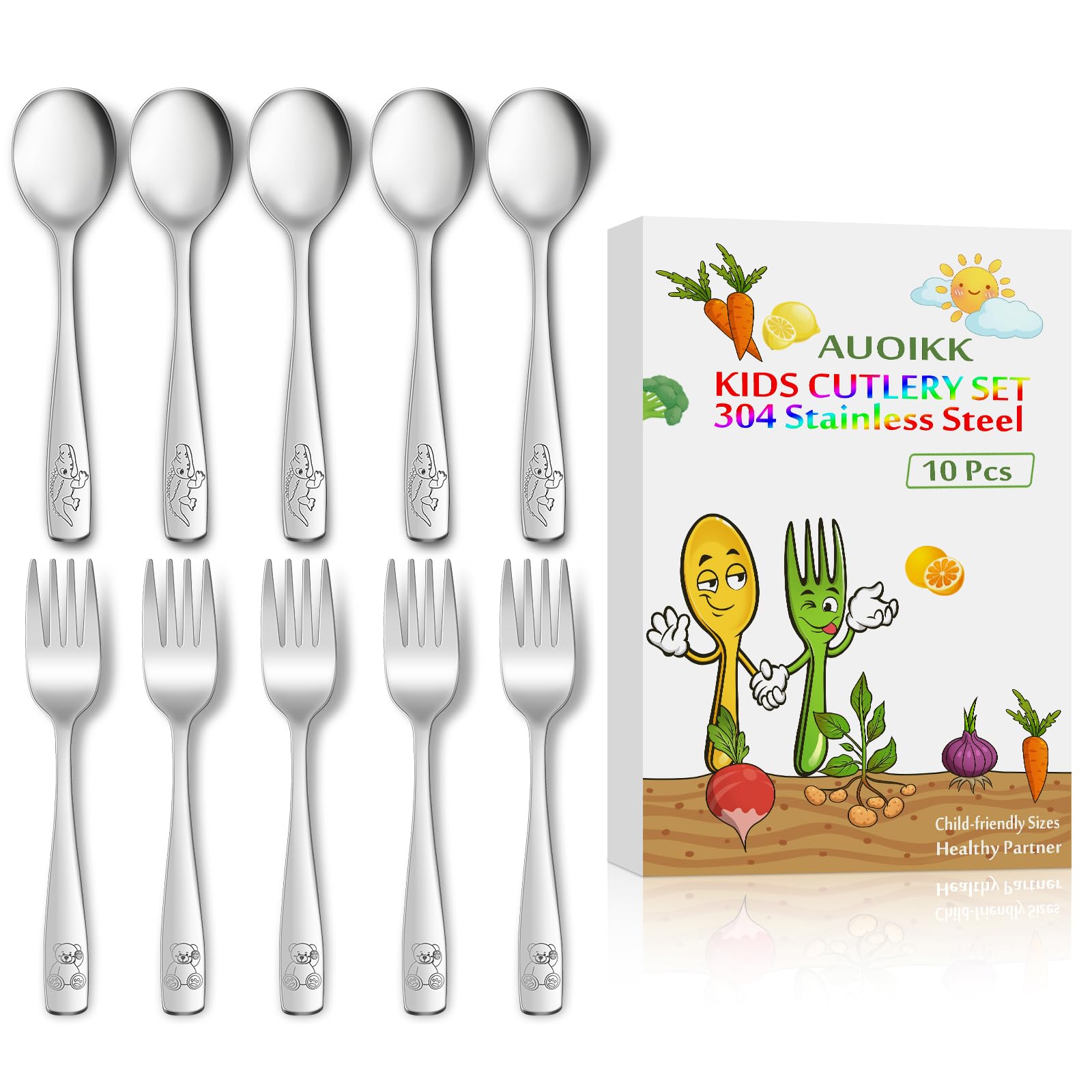 Amazon.com: AUOIKK 10-Piece Toddler Flatware, Kids Utensils Stainless ...