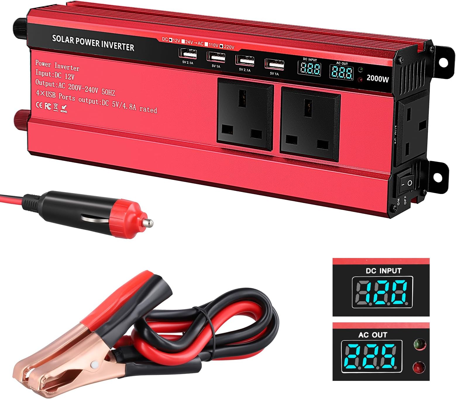 LVYUAN Power Inverter 2000W DC 12V to 230V AC Car Converter 12V with 4 ...