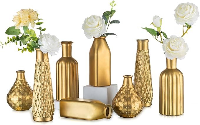 Amazon.com: NUPTIO Gold Glass Flower Vase: Set of 8 Small Bud Vases for Flowers Bulk - Vintage ...
