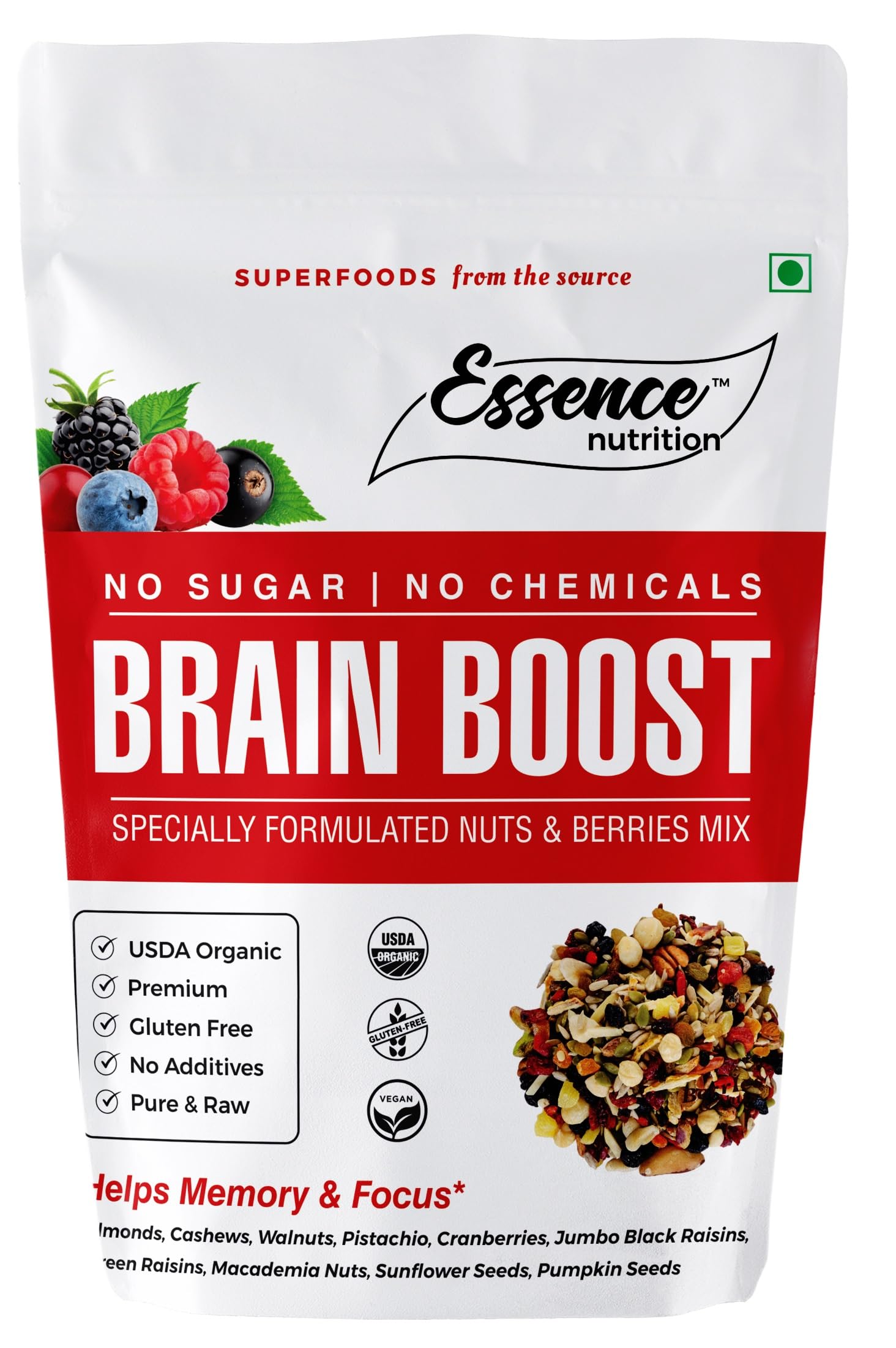 Essence Nutrition Brain Boost Mix (500gm) - Healthy Mix Of Organic Dried Berries, Nuts & Seeds ...