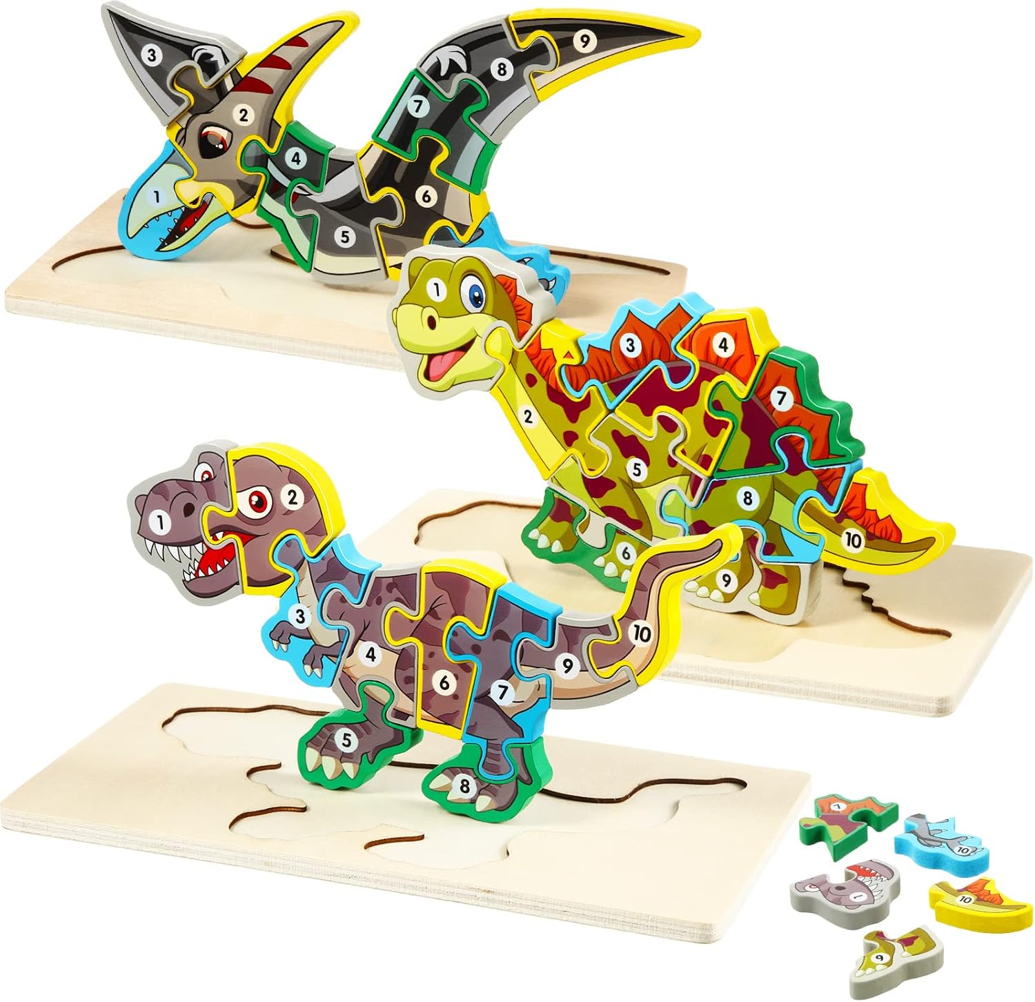 3 Pieces Wooden Dinosaur Puzzles Dinosaur Block Puzzles Animal 3D ...