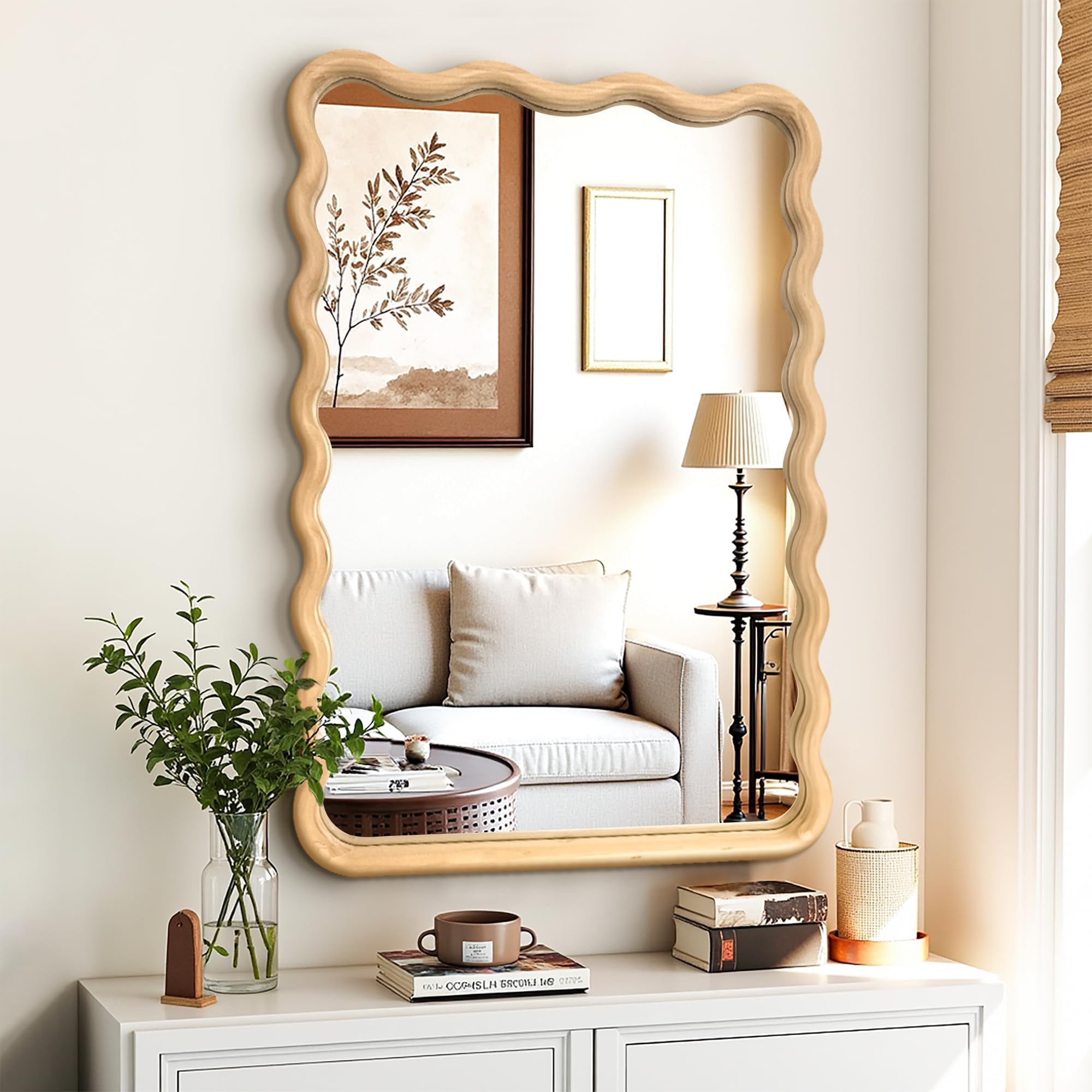 Amazon.com: Pocetry 36"x24" Wavy Wall Mirror, Natural Wood Frame Vanity ...