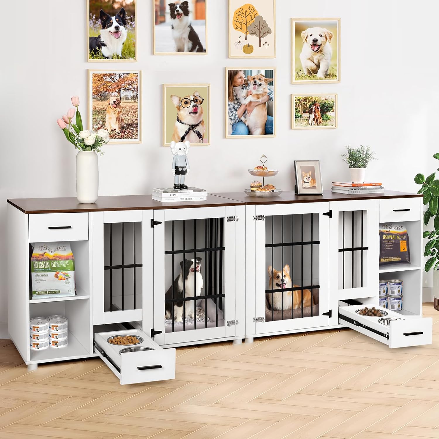 Amazon.com: VOWNER 94.5" Double Dog Crate Furniture, with Feeder Bowls ...