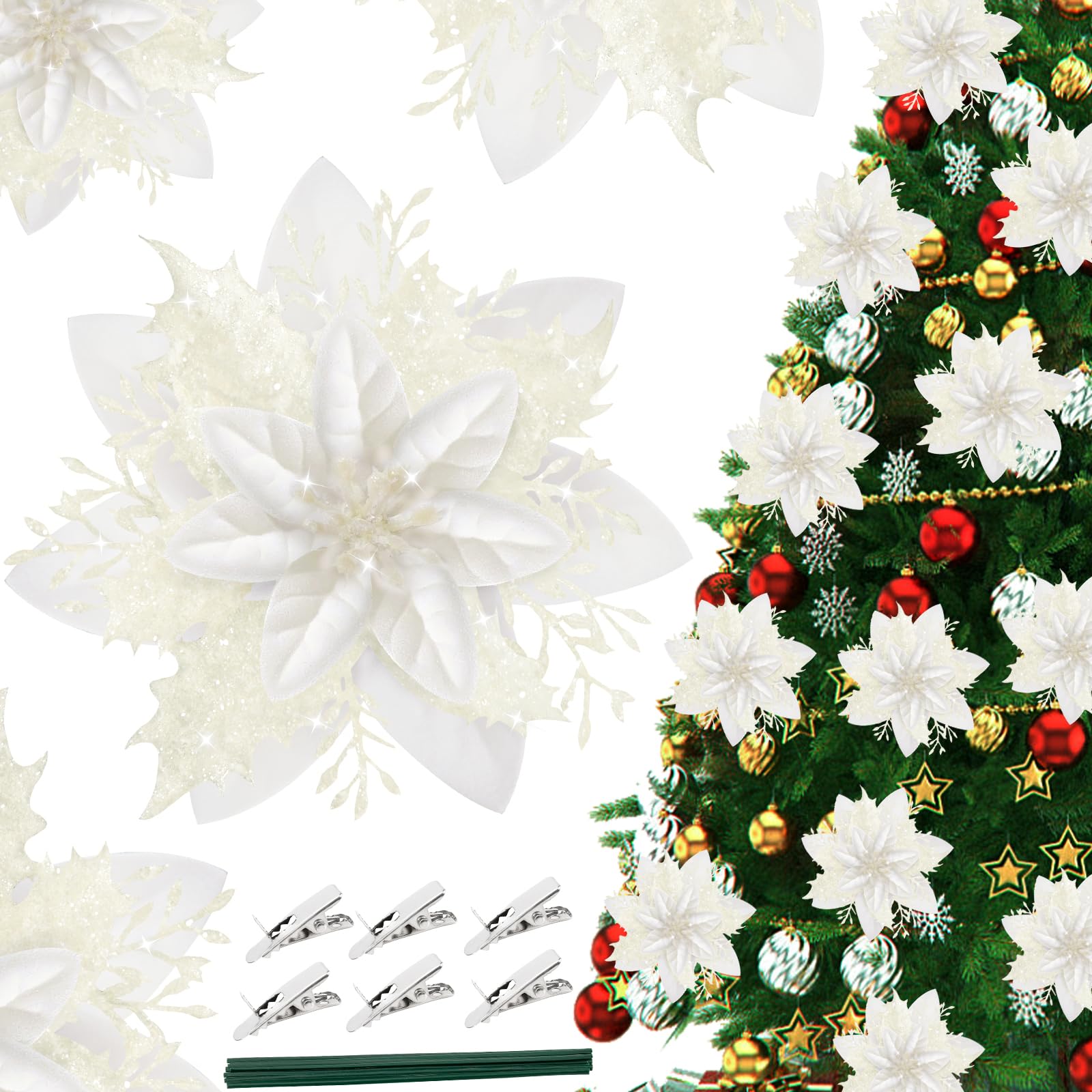 Amazon.com: 16Pcs Christmas Poinsettia Flower Decorations Artificial ...