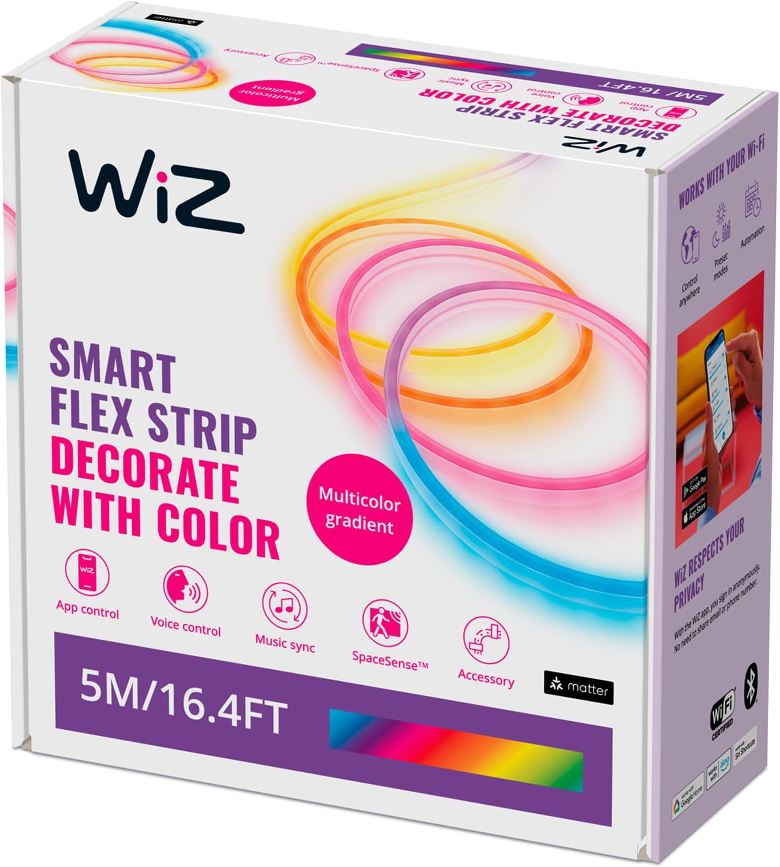 WiZ Smart Flex LED Strip Light, 5m, 16 Million Colours, Dynamic Light ...