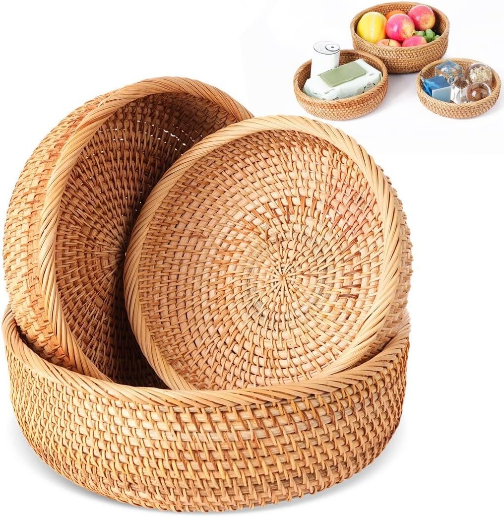 Amazon.com: Homaisson 3Pcs Round Rattan Baskets, Round Rattan Fruit ...