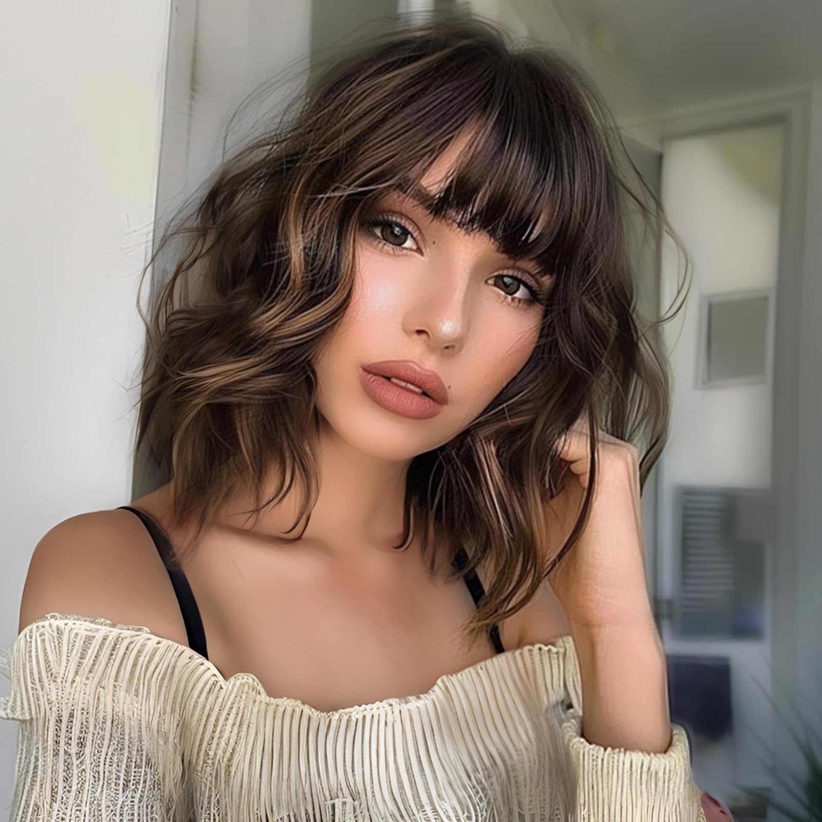 Amazon.com : FASHION IDOL Short Straight Human Hair Bob Wig with Bangs ...