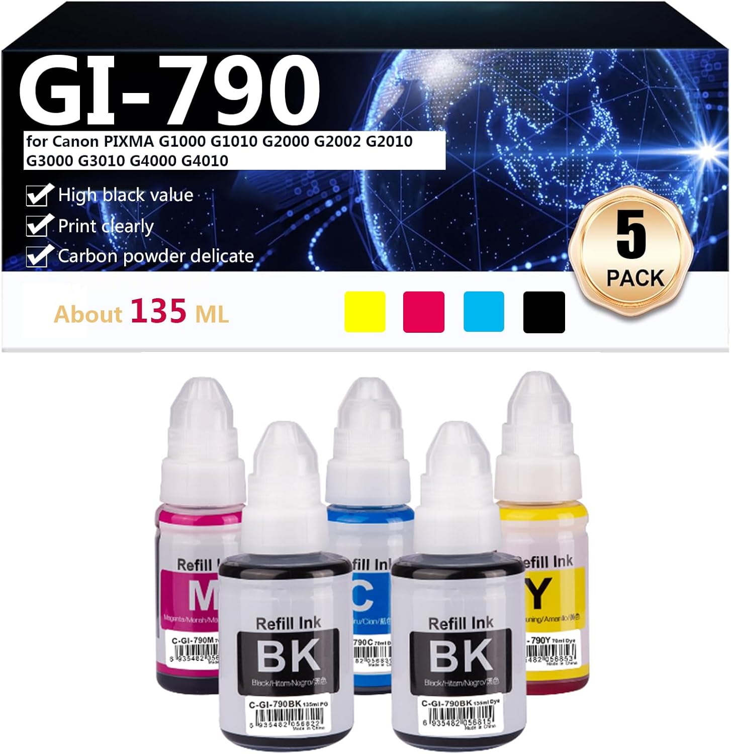 Amazon.com: Compatible Ink Bottle GI-790 GI-790BK GI-790C GI-790M GI-790Y (4PK Black Pigment ...