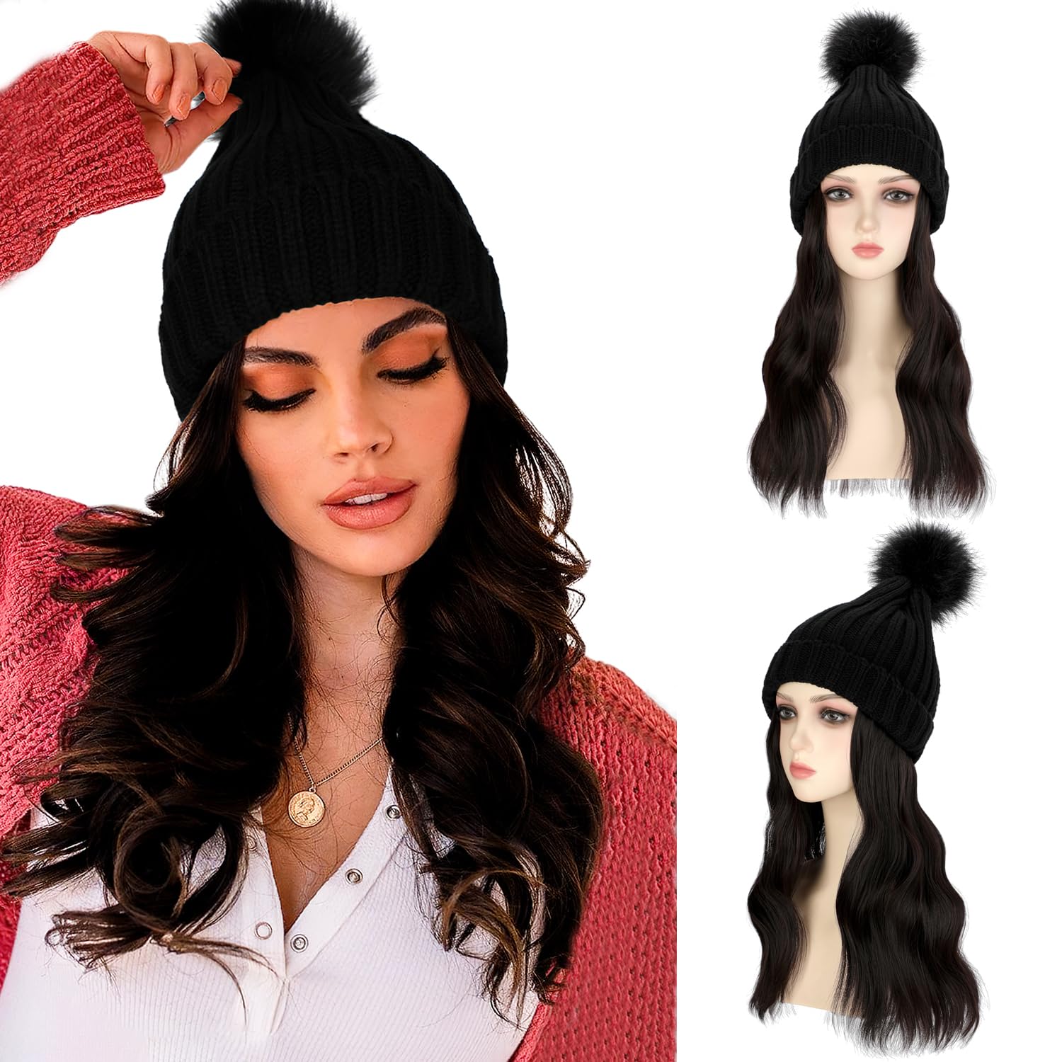 Amazon.com : Lansigreen Hat Wig Beanie Hat with Hair Long Wavy Hair ...