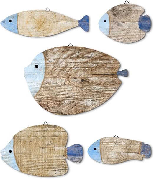 Amazon.com: Putuo Decor 5 Pcs Rustic Weathered Wood Fish Wall Art Beach ...