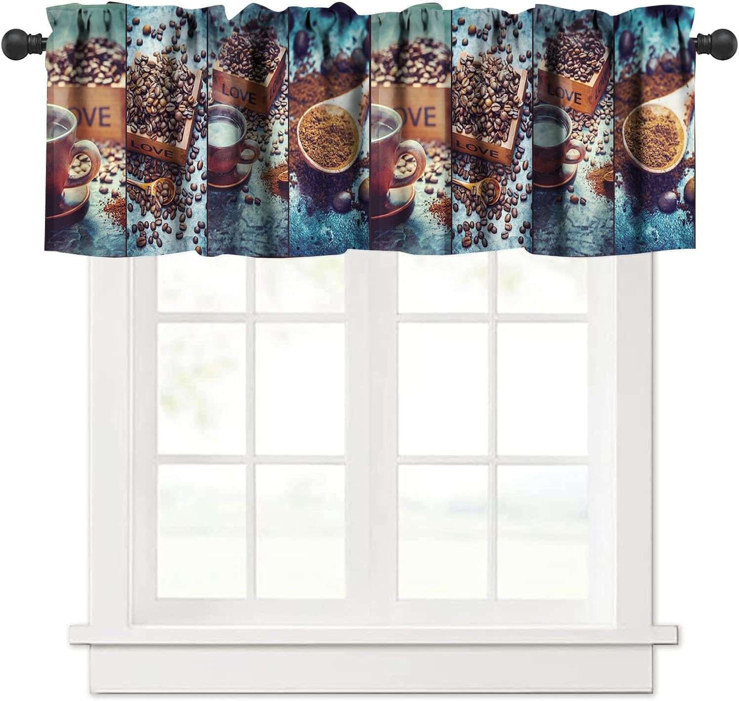 Amazon.com: Llylumty Coffee Kitchen Valance Short Curtains Blue Coffee ...