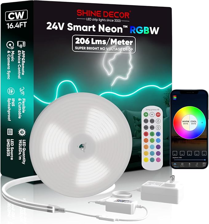 Shine Decor 24V Smart Neon Rope Lights, RGBW Silicone Neon Light Remote ...