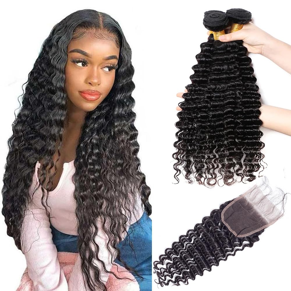 Amazon.com : Deep Wave Bundles with Closure Human Hair 14 16 18 inch ...