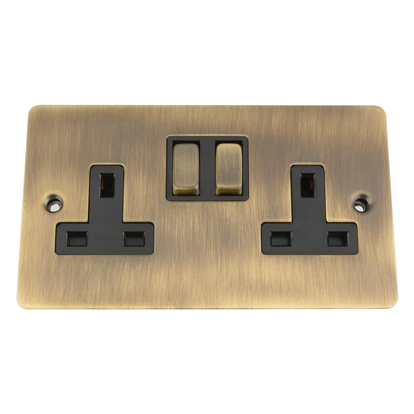 Antique Brass Flat Socket 2 Gang Black Insert Metal Rocker Switch ...