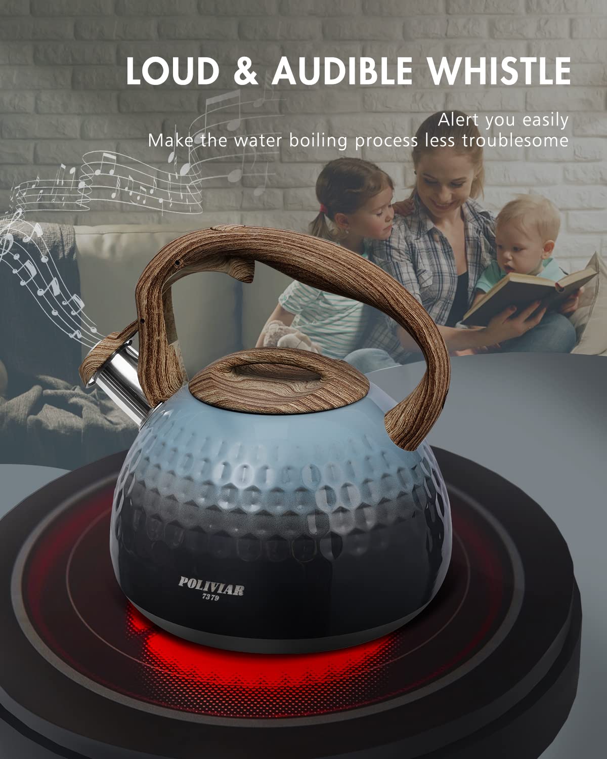 POLIVIAR Tea Kettle, Seabed Blue Stovetop Tea Kettle 2.7 Quart, Audible ...