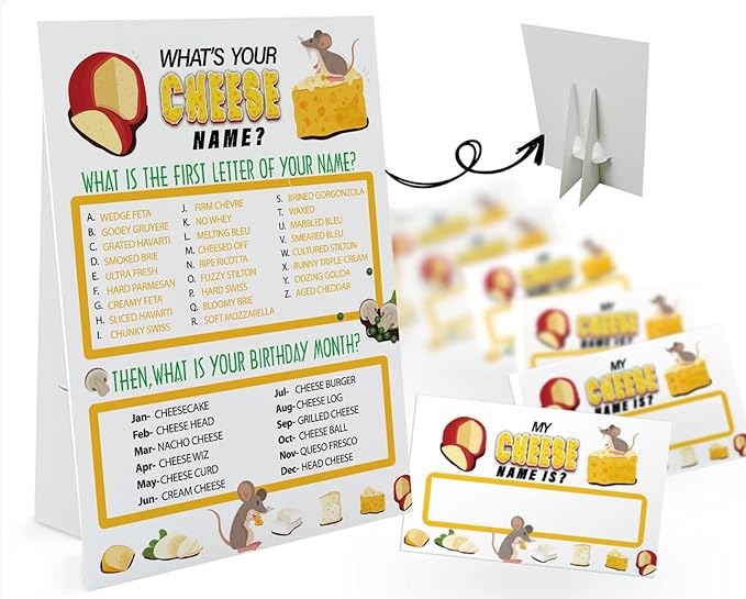Amazon.com: What's Your Cheese Name Game (1 Cheese Theme Sign and 30 ...
