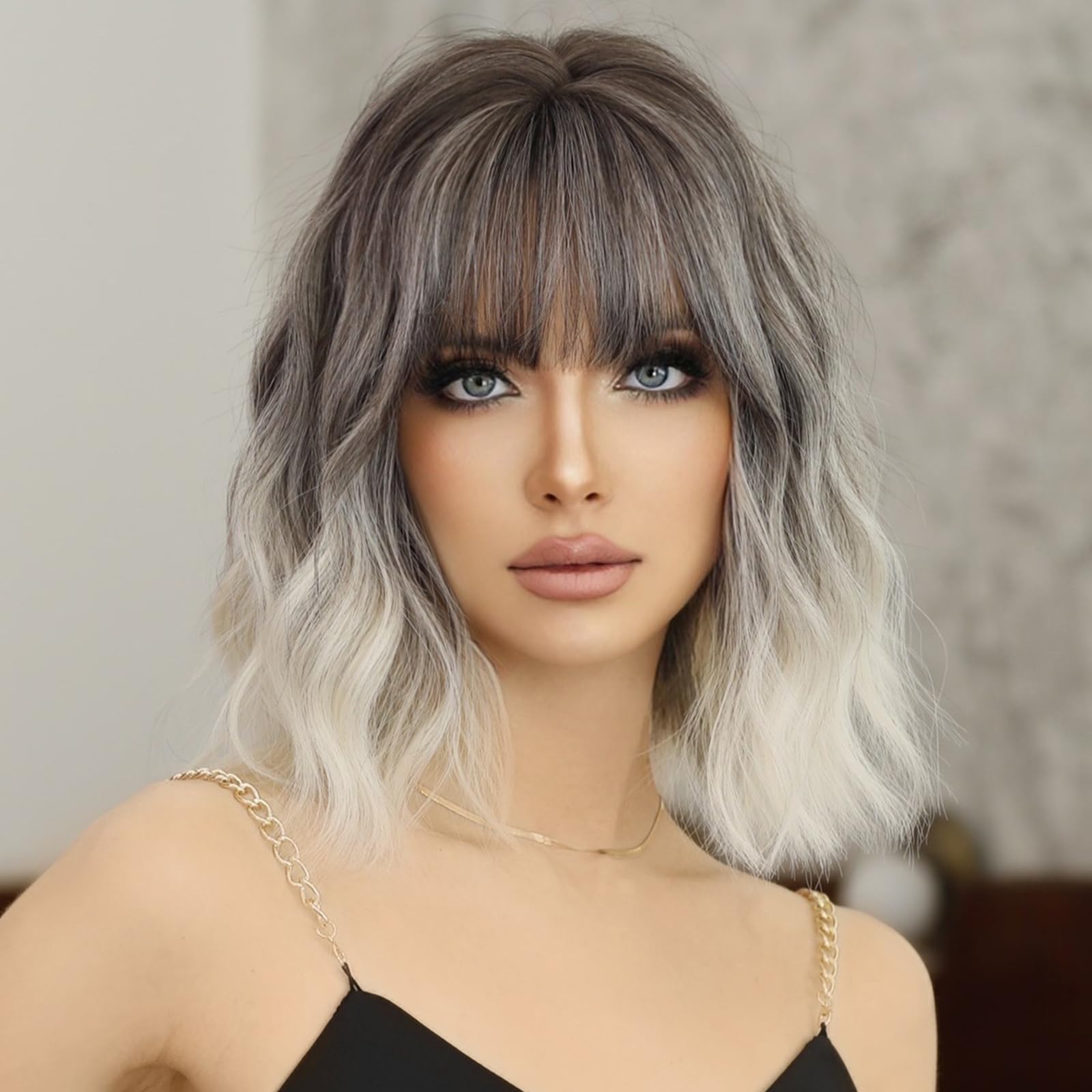 Amazon.com : TRUMOST Ombre Brown Short Wave Wig with Bangs - Highlight ...