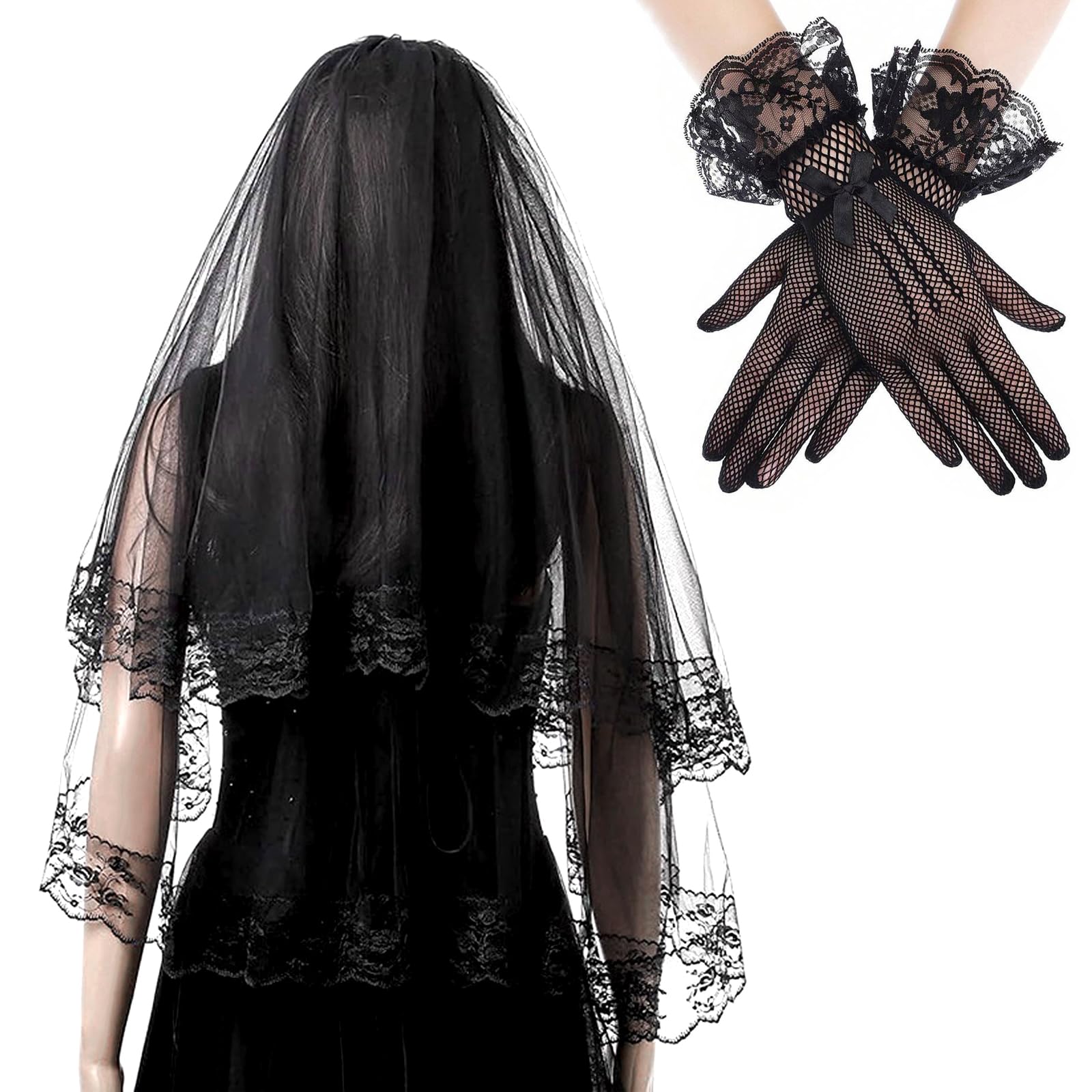 YAEISM Black Veils Lace Gloves Set Black Bridal Veil Short Lace Gloves Black Funeral Veils for ...