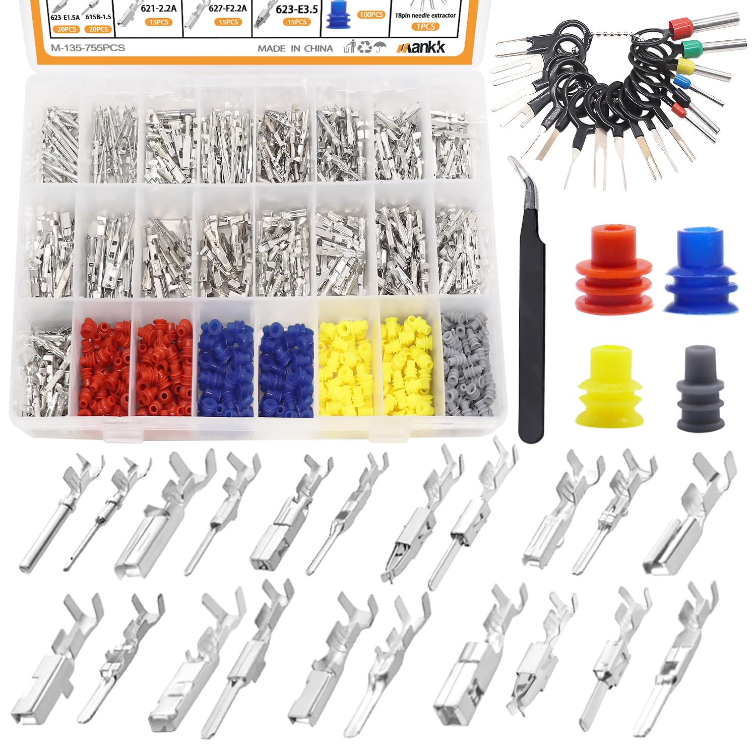 mankk 755PCS Automotive Electrical Pin Connector Terminal Pins Kit 1/1.5/1.8/2.2/2.8/3.5mm Male ...