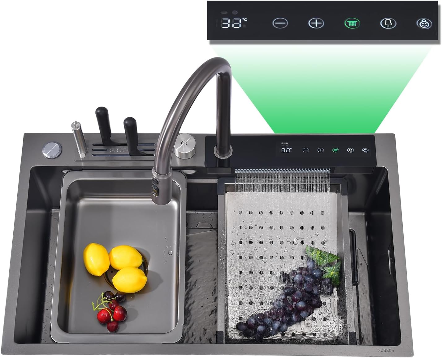 Kitchen Sinks 30" Waterfall Kitchen Sink Set with LED Touchscreen ...