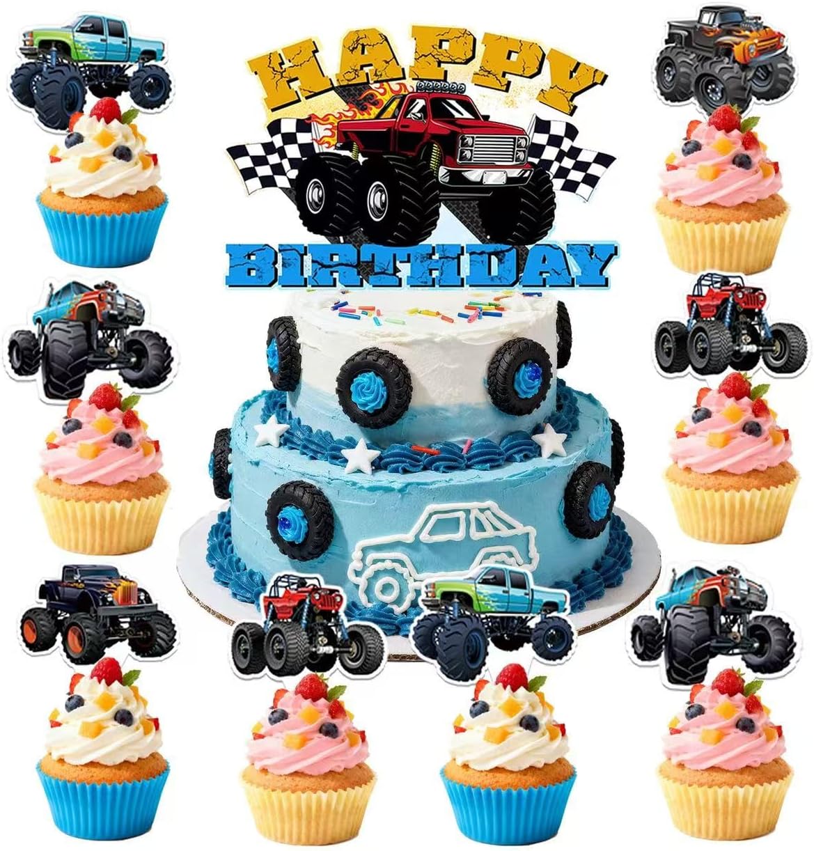 Amazon.com: Monster Truck Birthday Cake Decorations Set, 1 Large Cake ...