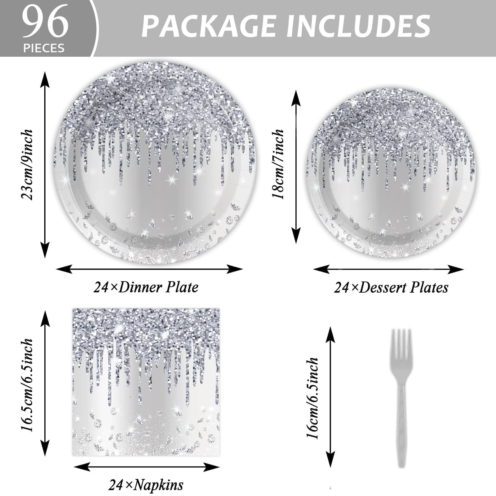 Snapklik.com : 96 Pieces Silver Glitter Party Tableware Set For Denim ...
