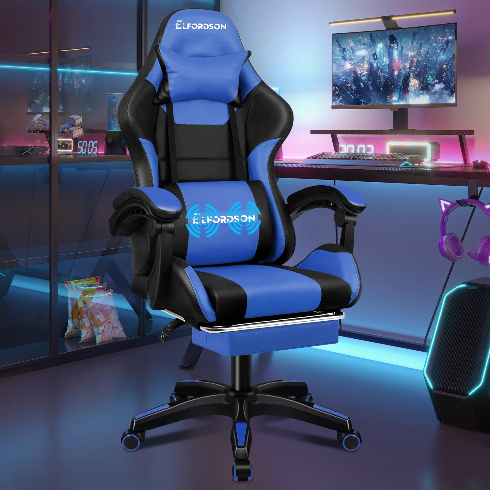 ELFORDSON 2-point Massage Gaming Chair with Extra Large Lumbar Support ...