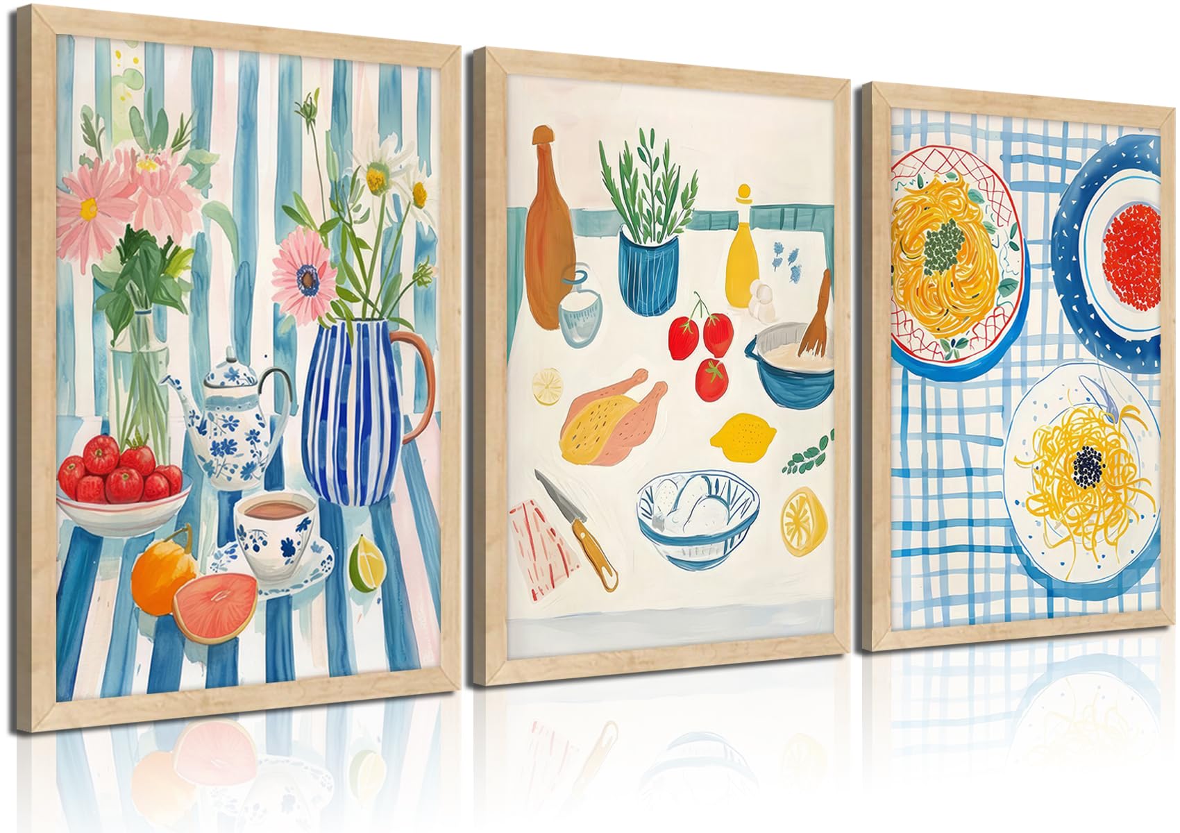 Amazon.com: 3Pcs Blue Striped Dining Room Food Wall Art Colorful Funky ...