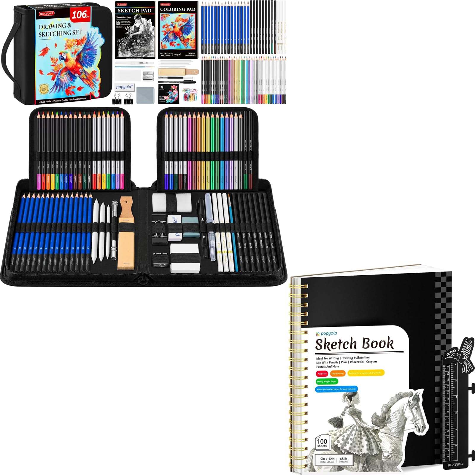 Amazon.com: POPYOLA 106 Pack Drawing Set & 1 Pack 9" x 12" Sketch Book ...