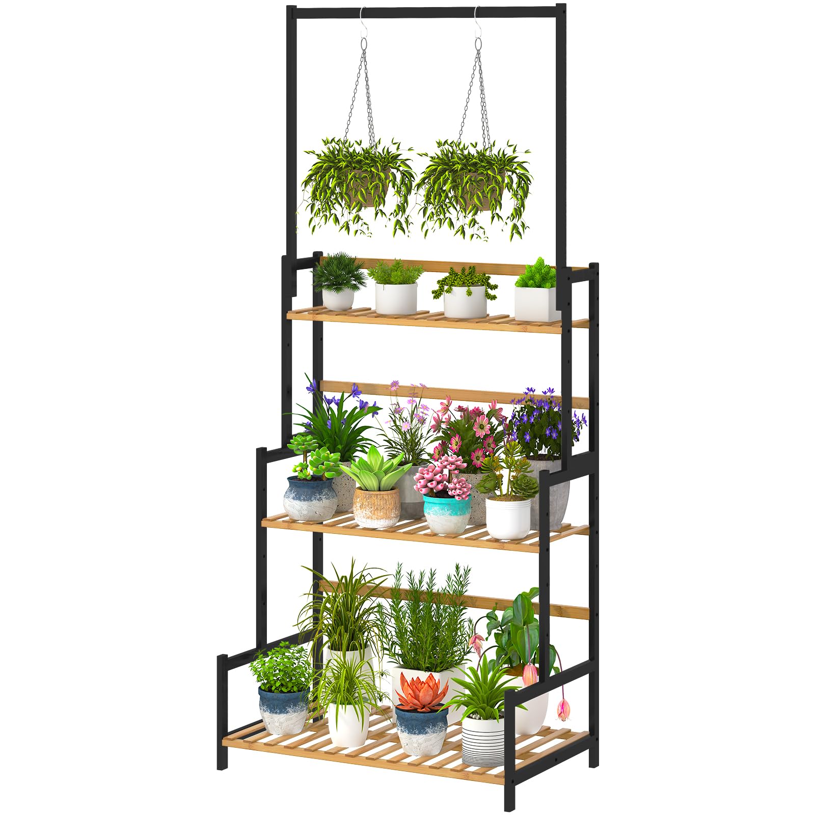 Ufine Bamboo Hanging Plant Stand 3 Tier Ladder Shelf with Hanging Rod ...