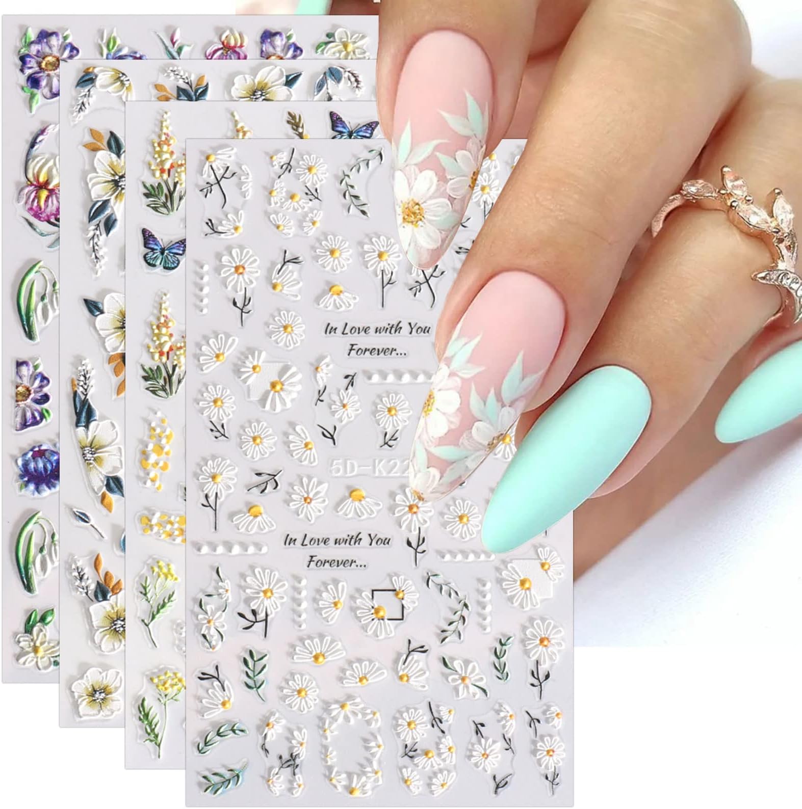 Amazon.com: JMEOWIO 6 Sheets 3D Embossed Flower Nail Art Stickers ...