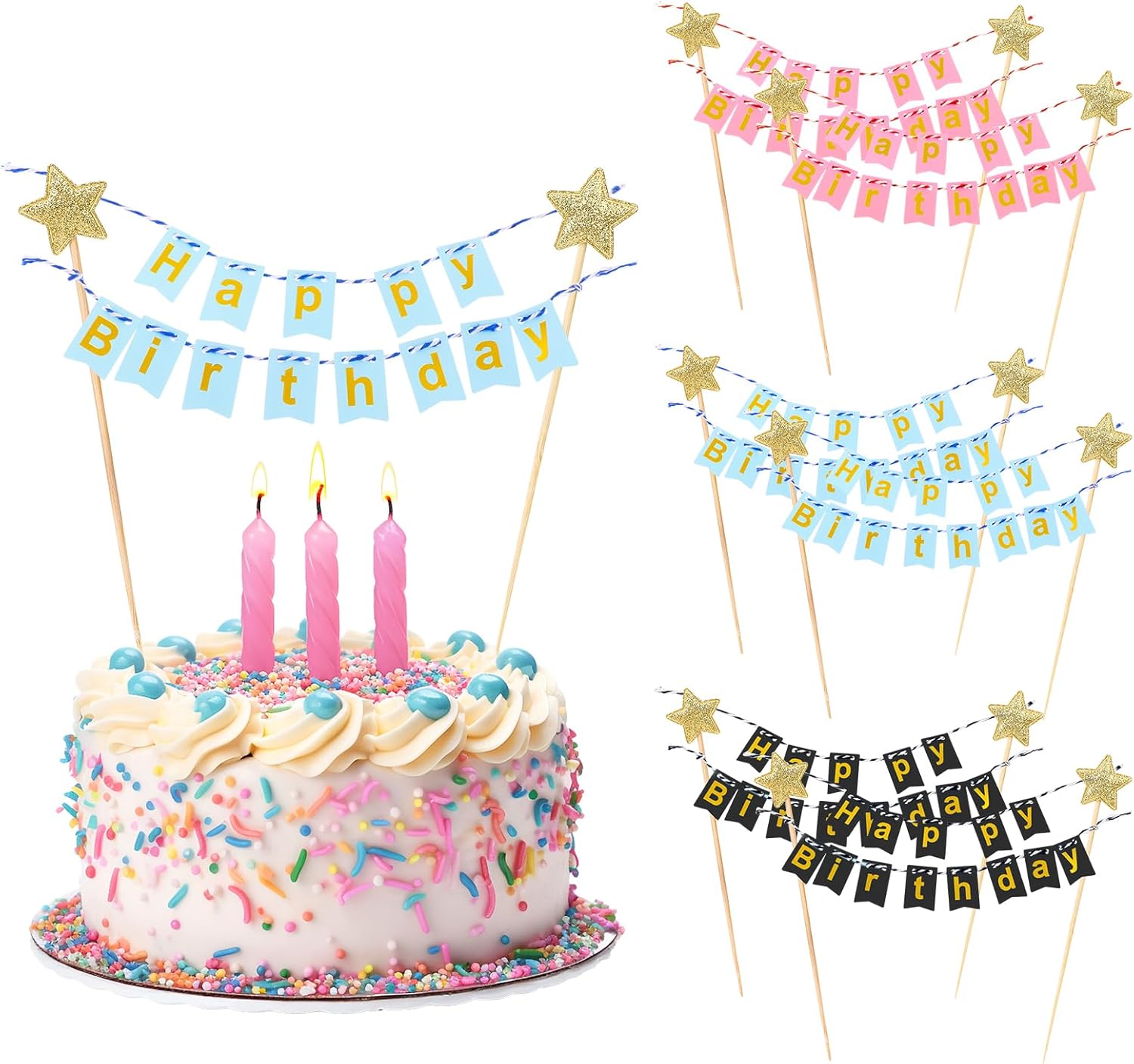 Amazon.com: 6 Sets Happy Birthday Cake Topper Pennant Flag Banner with ...