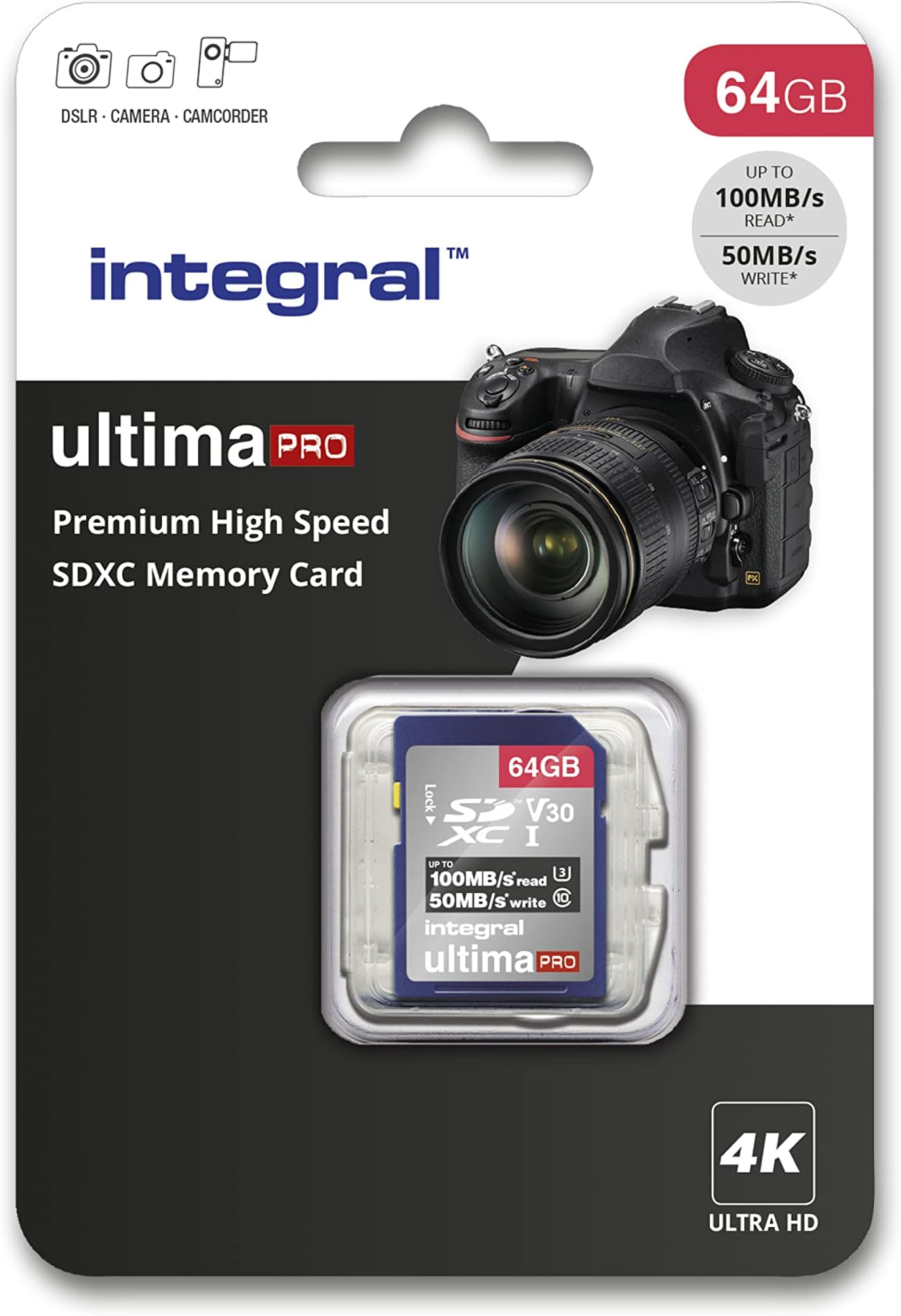 Integral 64GB SD Card 4K Ultra-HD Video High Speed SDXC V30 UHS-I U3 ...