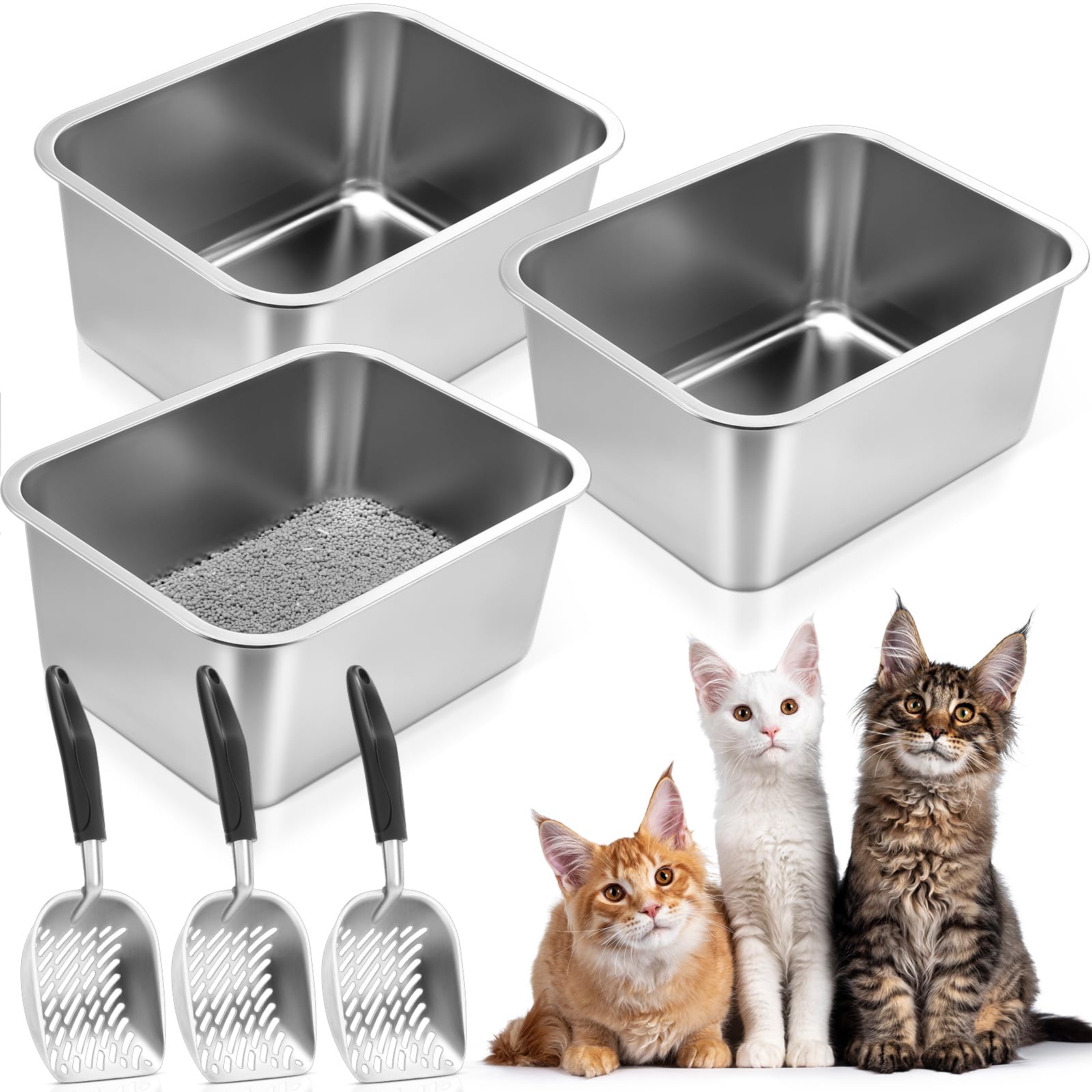 Zubebe 3 Pack Stainless Steel Cat Litter Box with 3 Pcs Cat Litter ...