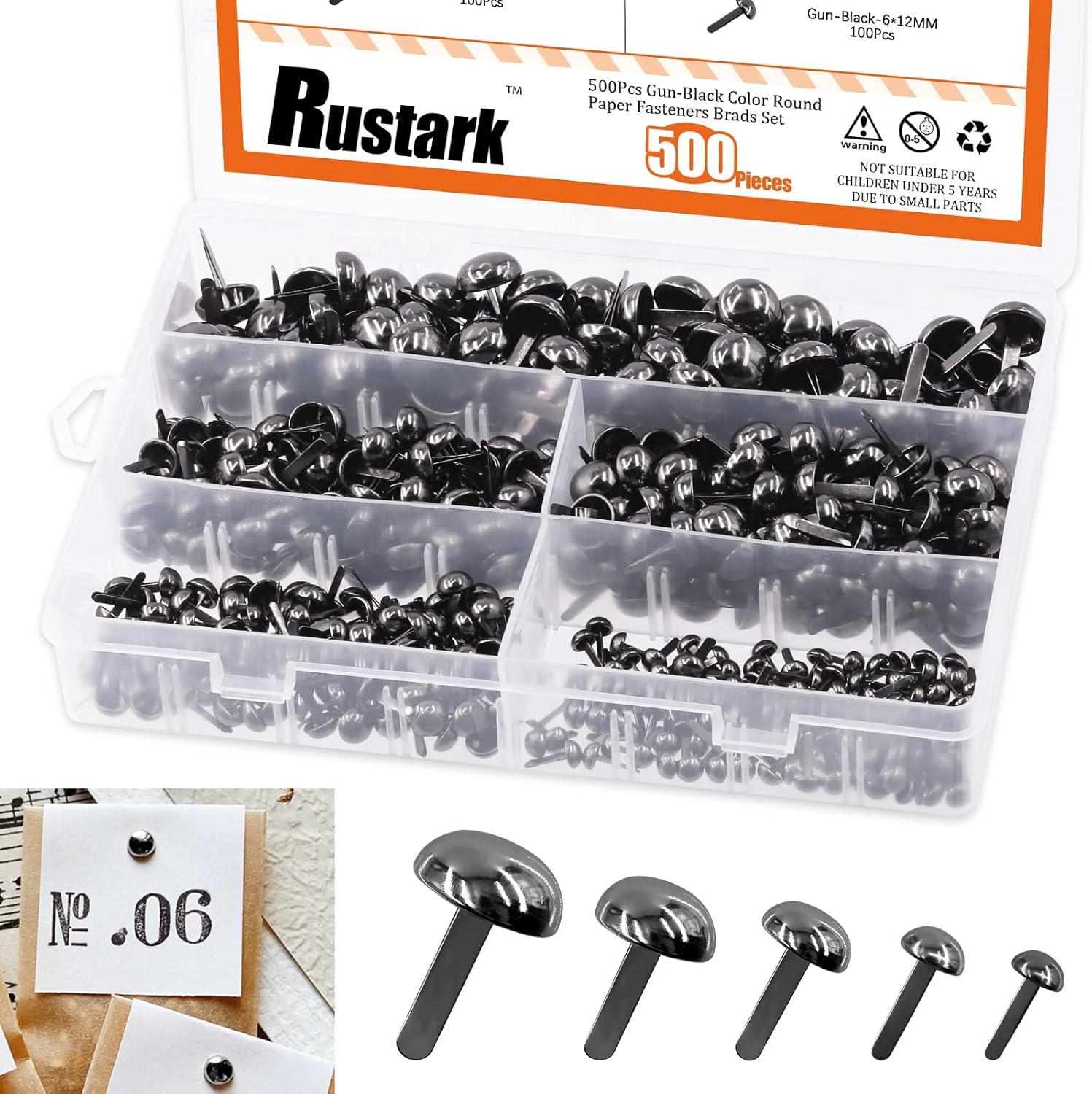 Amazon.com: Rustark 500PCS 5 Sizes Black Paper Fasteners Round Brads ...