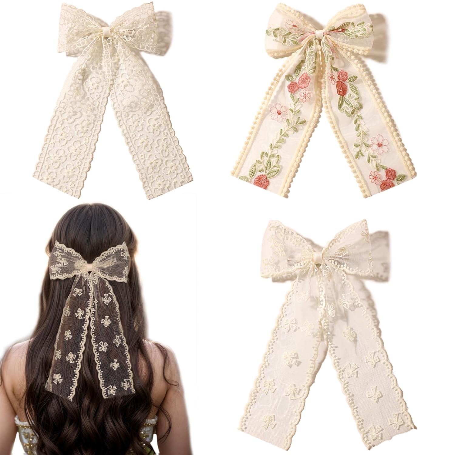 Amazon.com : LFOUVRE Beige Lace Hair Bows with Embroidered Flowers ...