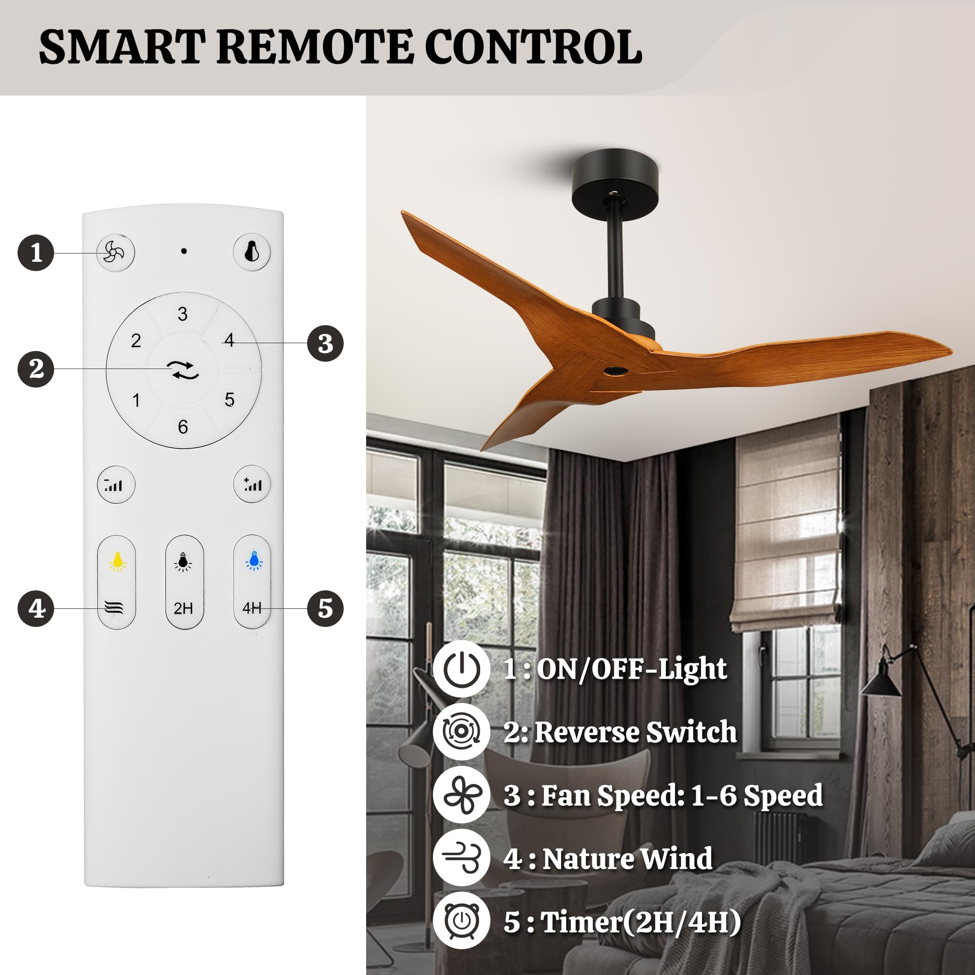 KAPOEFAN 42 Inch Outdoor Ceiling Fan No Light, 3 Blade Walnut Wood ...