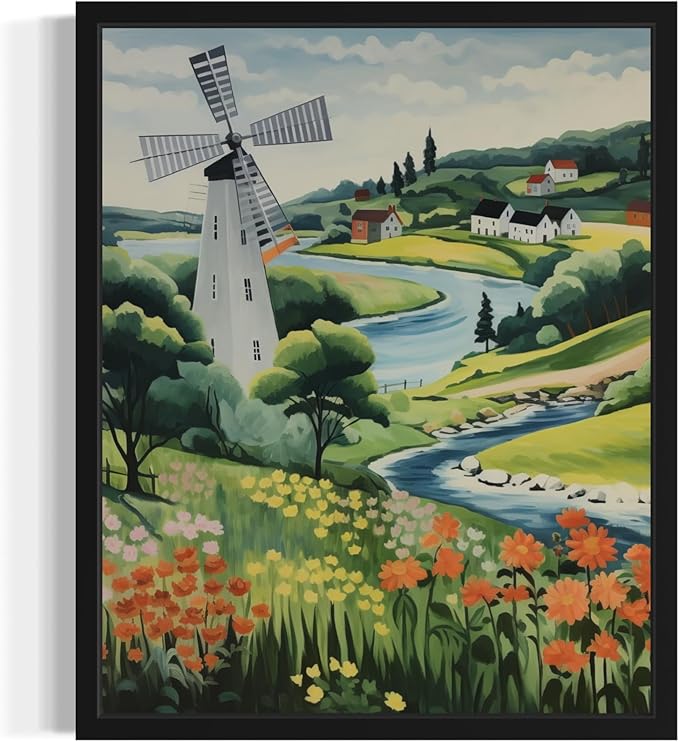 Amazon.com: Windmill by the River Wall Art Poster Print, Scenery ...
