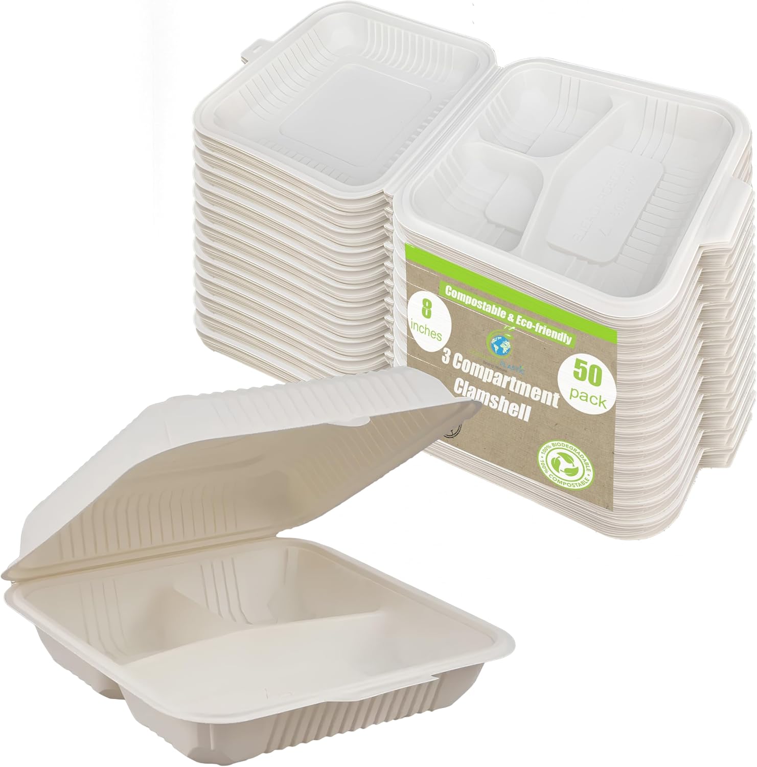 Amazon.com: GOOD-BYEPLASTIC 50 PCS Compostable Cornstarch 3-Compartment ...
