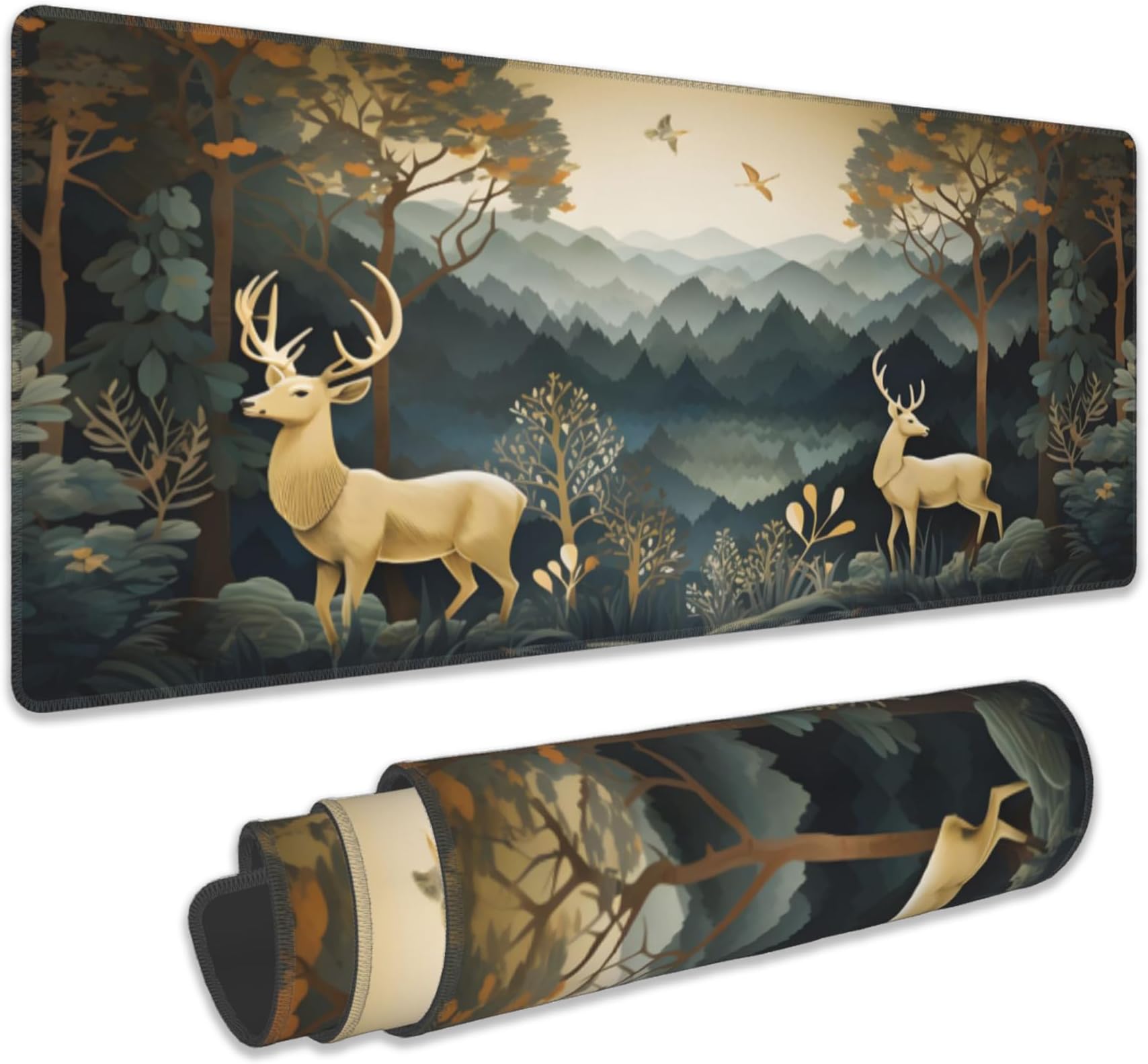 Amazon.com : Desk Mat, Green and Golden Forest Trees and Deer Extended ...