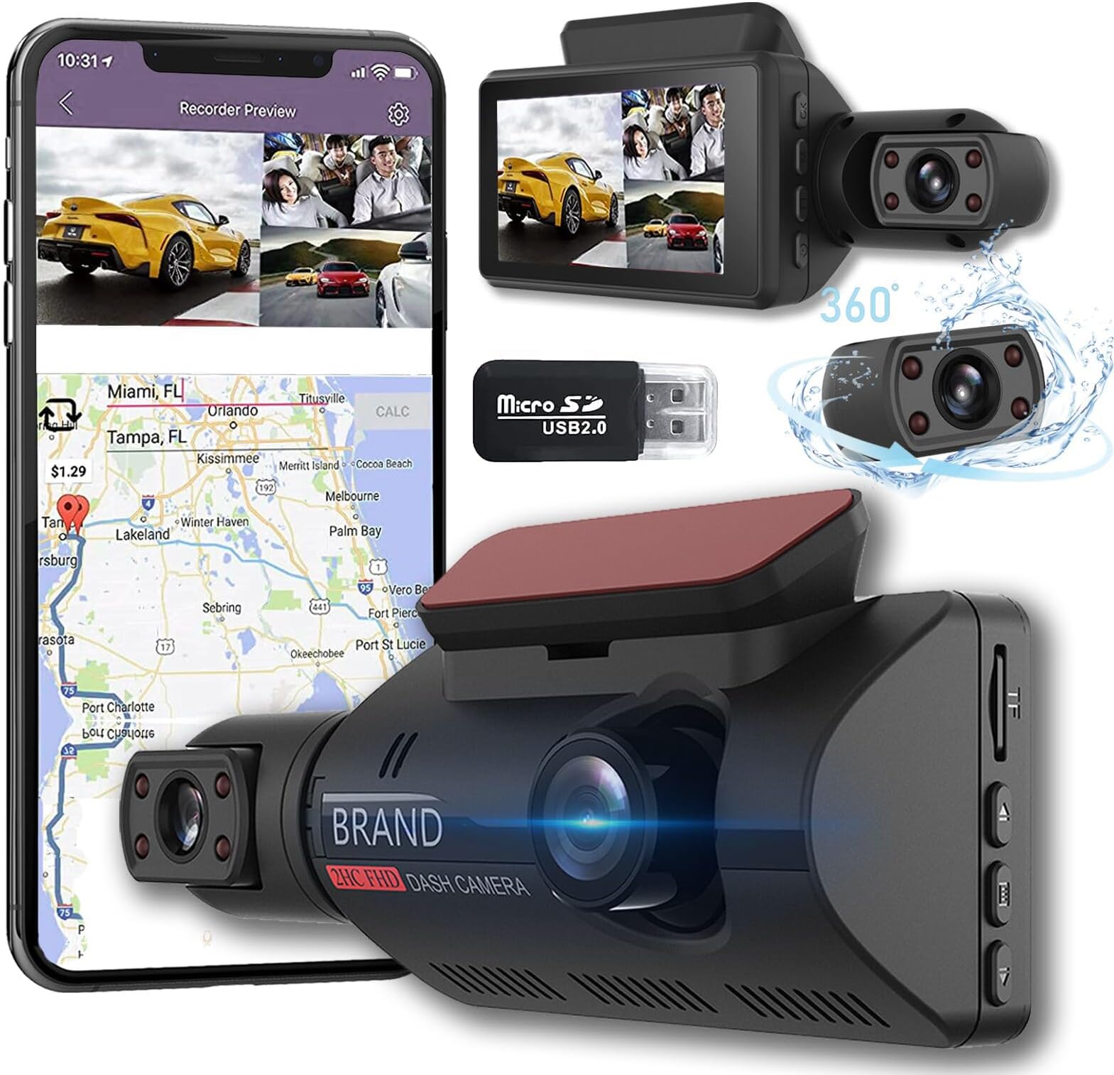 Amazon.com: 360° Dash Cam, 2 Channel Dash Cam with 32G SD Card, 1440P ...