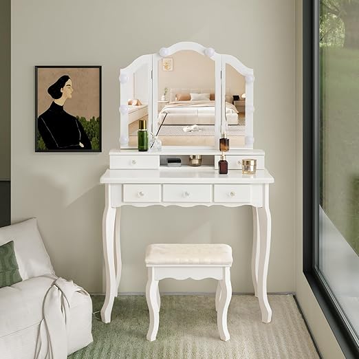 Amazon｜OSJ ドレッサー 化粧台 テーブル 鏡台 LEDライト付き 三面鏡 女優ミラー 姫系 収納沢山 スツール付き 引き出し 収納 サイド収納 メイク台 シンプル 大容量 可愛い ...
