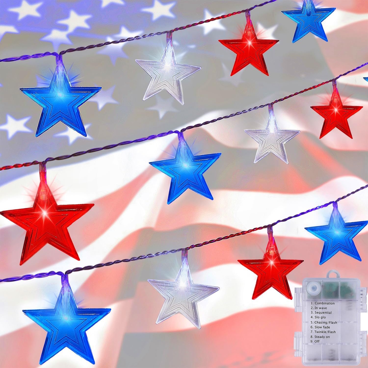 2 Pack Solar Powered Outdoor Patriotic Star String Lights, 100 LED 33 ...